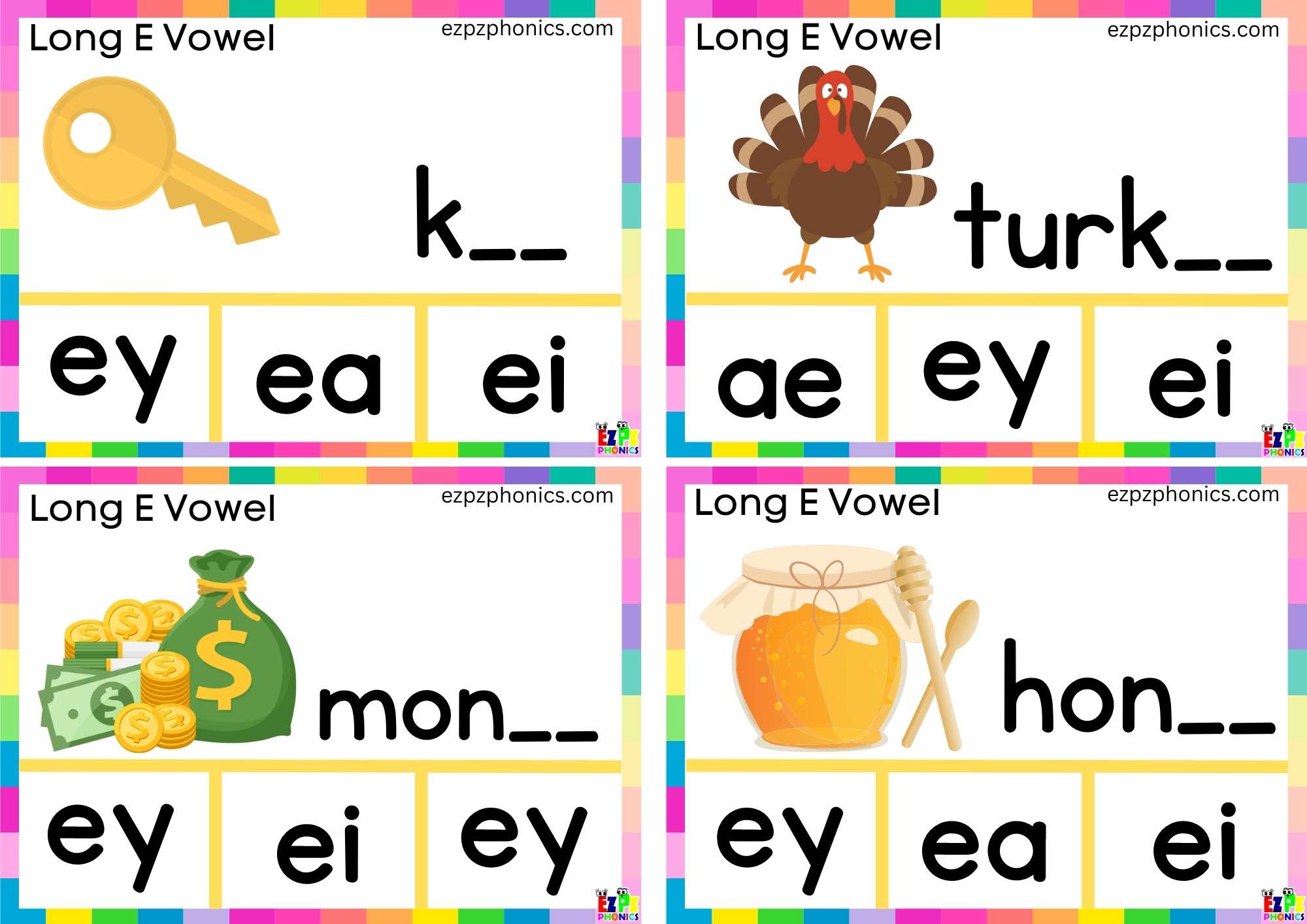 Finish the word and clip the correct letters Clip cards for long e vowel ey words - ezpzphonics.com